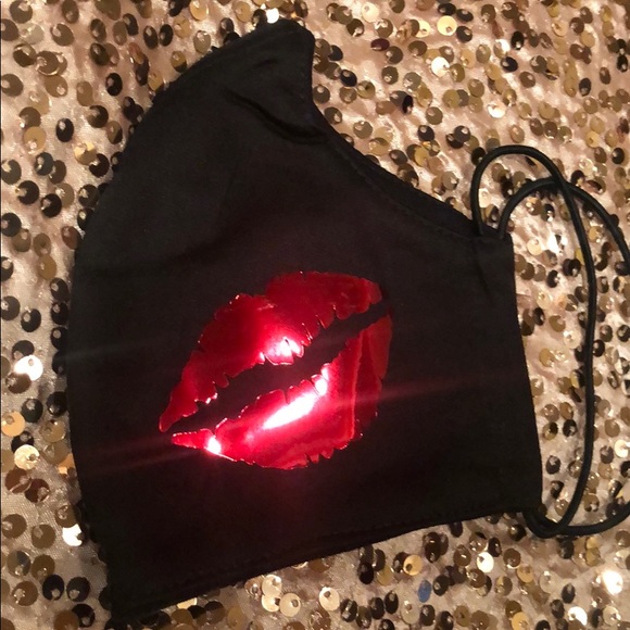Handmade | Accessories | Red Lips Shiny Black Face Mask Cute Comfy ...